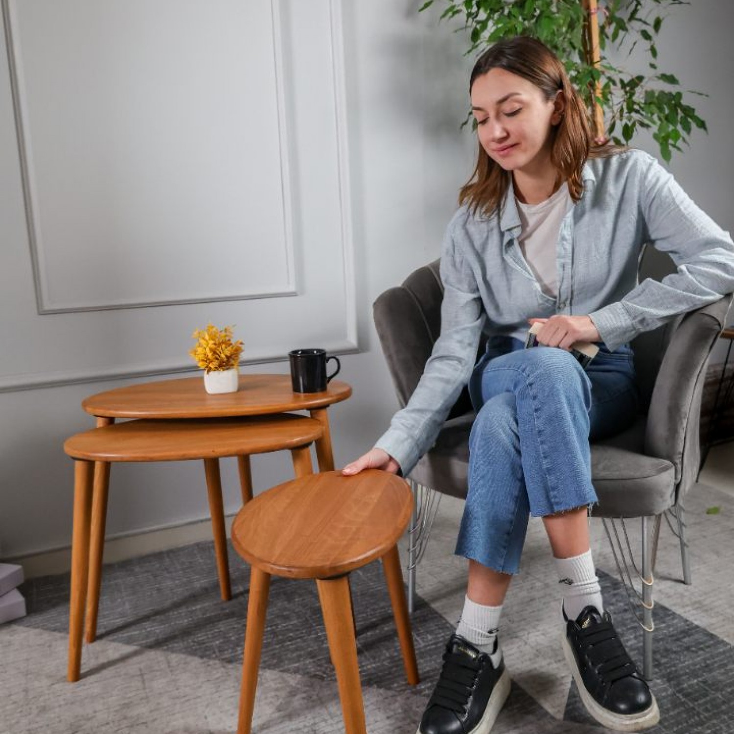 Meşe Masif Doğal Ahşap Zigon Sehpa 3'lü Set, Modern Masif Yan Sehpa